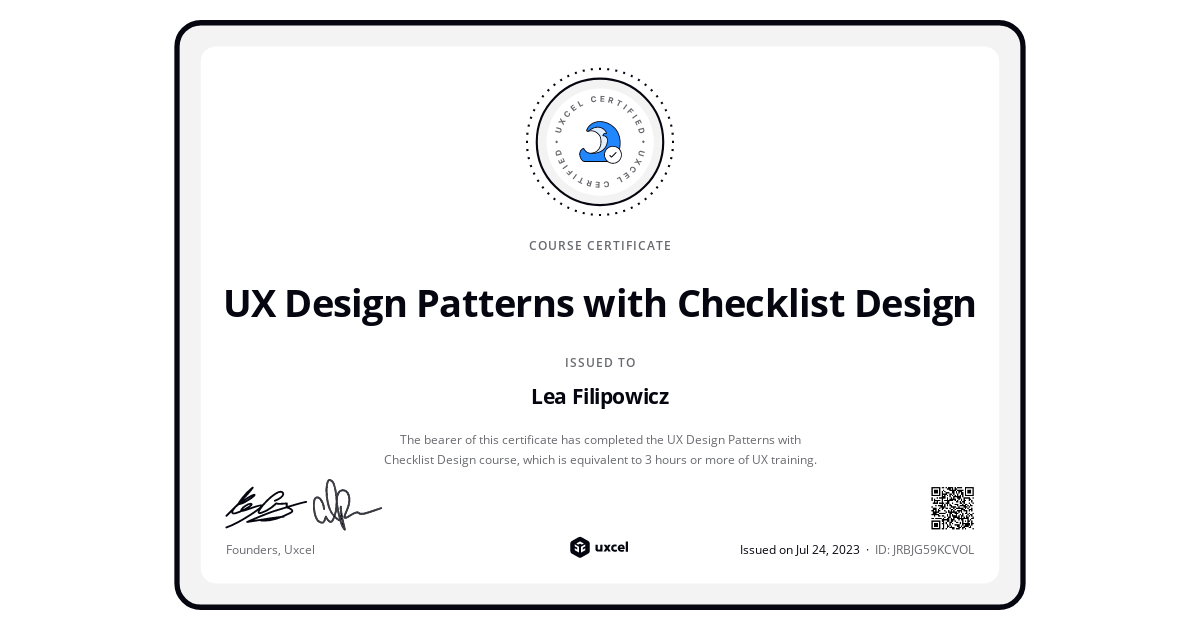 Certificate of completion for UX Design Patterns with Checklist Design | Uxcel